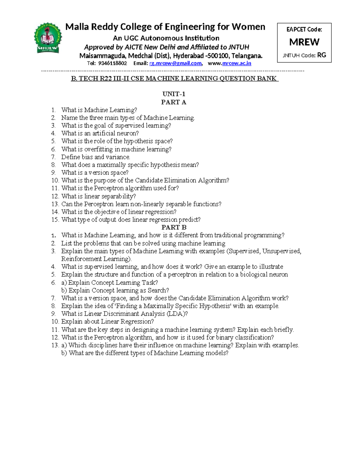 B. TECH R22 CSE MACHINE LEARNING QUESTION BANK - Comprehensive Guide ...