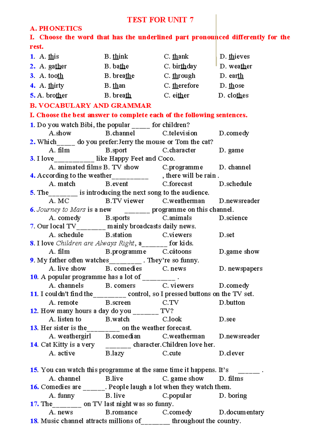 Anh 6 Global Practice TEST - Unit 7: Phonetics & Vocabulary - Studocu