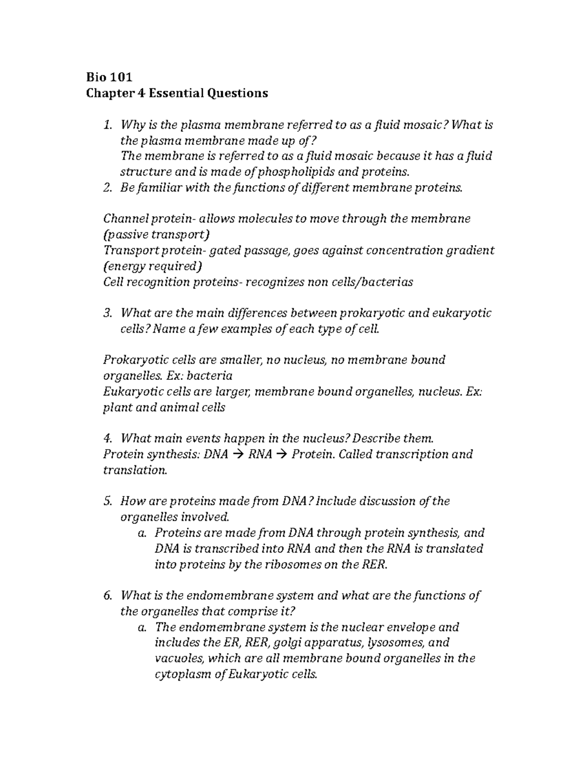 Bio 101: Chapter 4 - Essential Questions on Cell Structure and Function ...