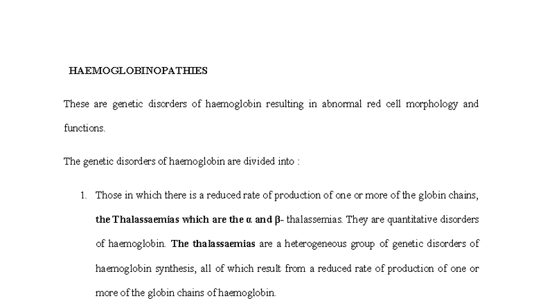 HAE401 Lecture Notes on Haemoglobinopathies and Thalassaemias - Studocu