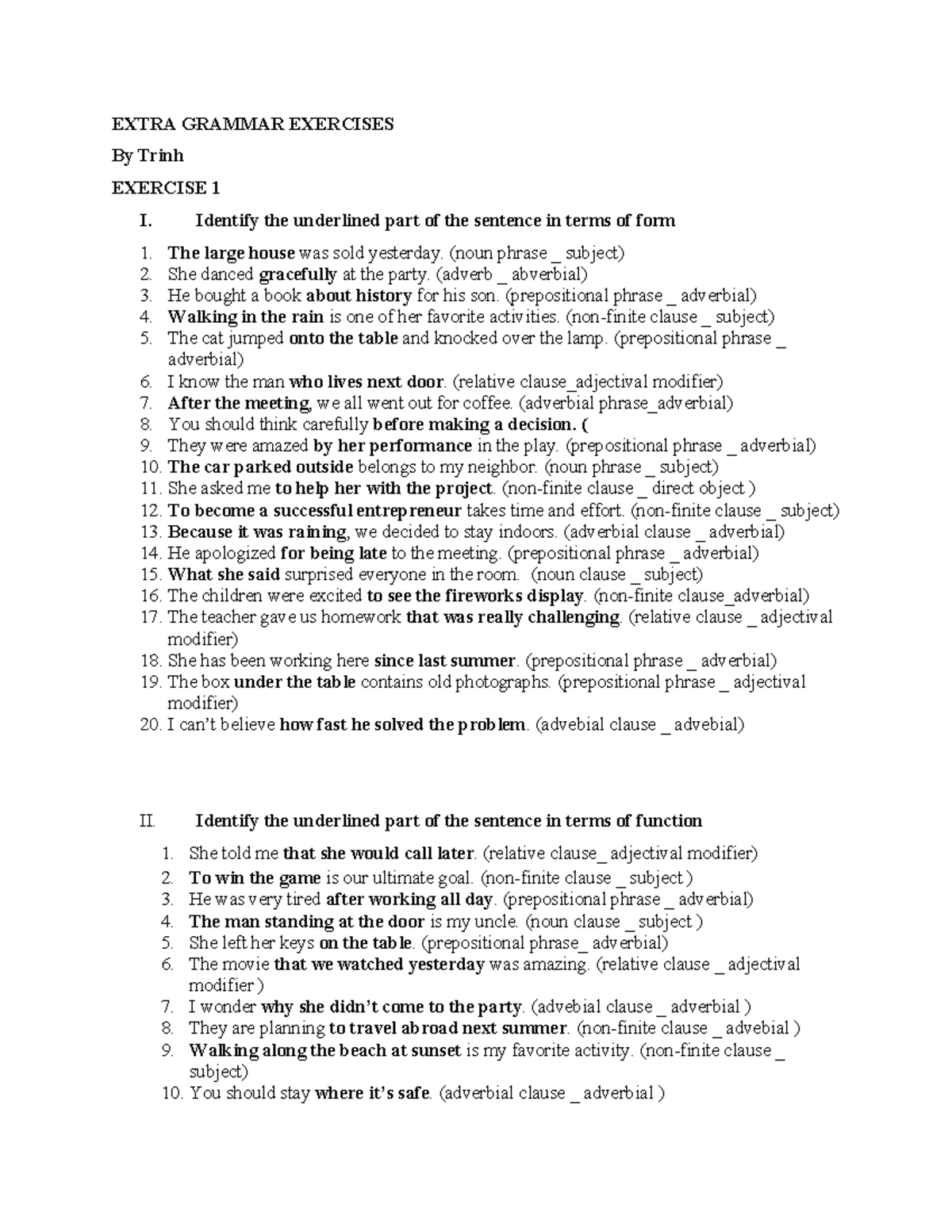 Grammar Exercises - EXTRA GRAMMAR EXERCISES By Trinh EXERCISE 1 I ...