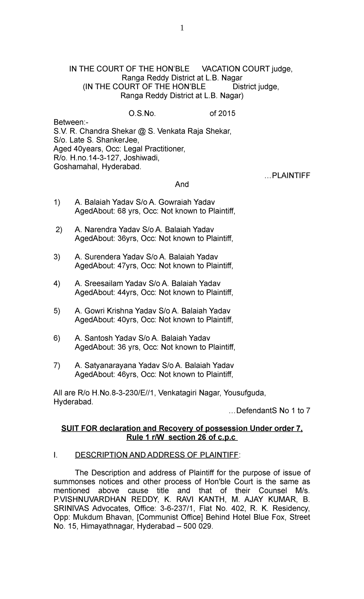 Suit for Declaration of Title & Possession Recovery - O.S.No. 2015 ...