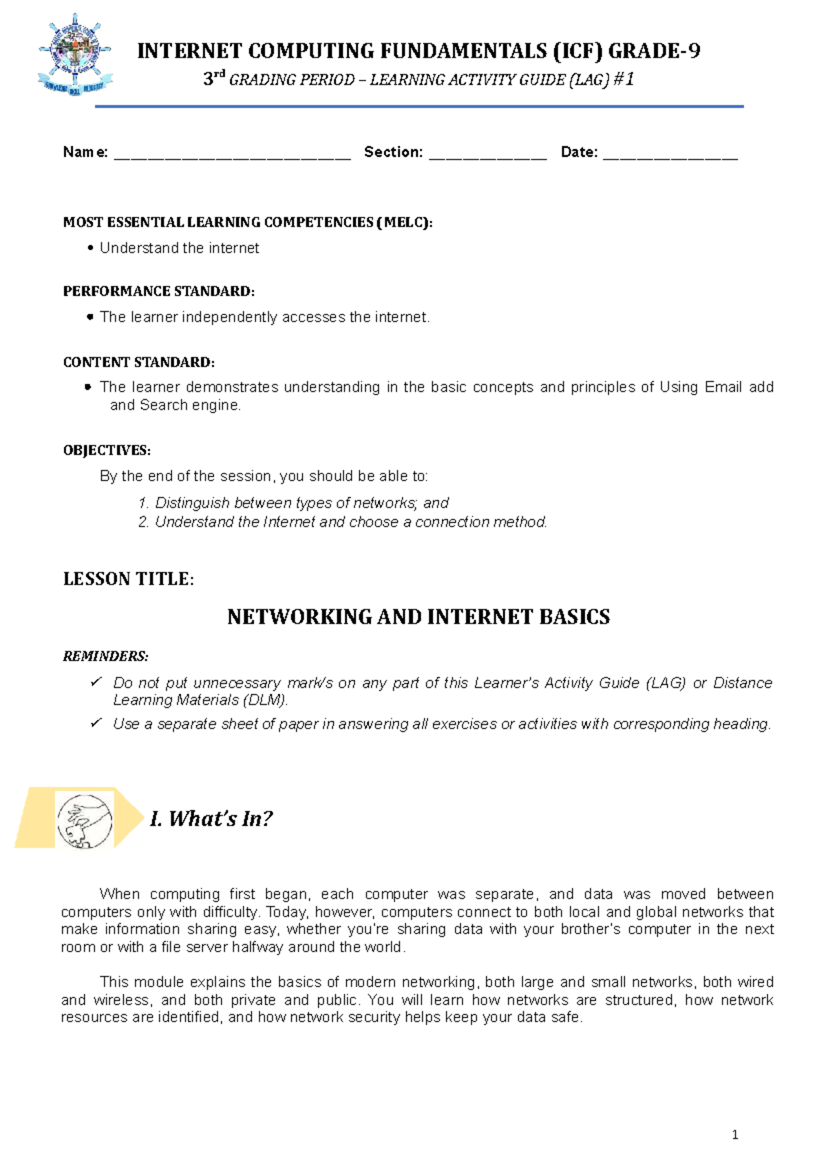 3rd GP - ICF 9 - LAG#1 (Weeks 1-2) - MELC 1: Networking & Internet Basics - Studocu