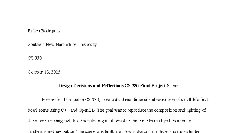 CS 330 Final Project Reflection: OpenGL Fruit Bowl Scene - Studocu