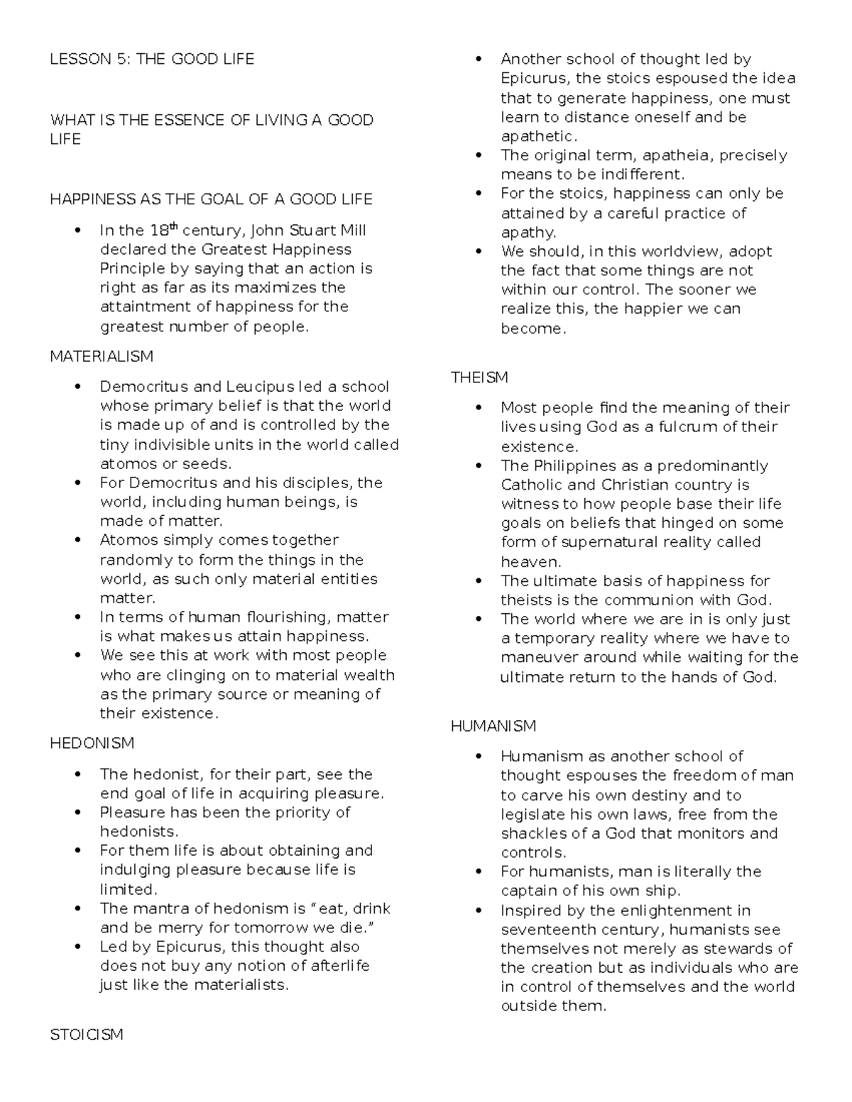STS L5 THE GOOD LIFE - Lecture Summary - TGL - LESSON 5: THE GOOD LIFE ...