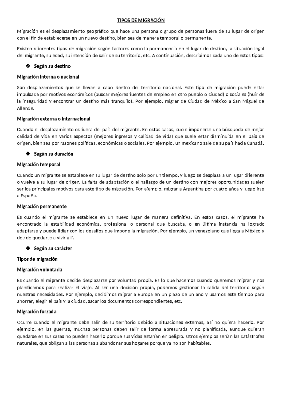 Tipos de Migración: Análisis y Clasificación - Studocu