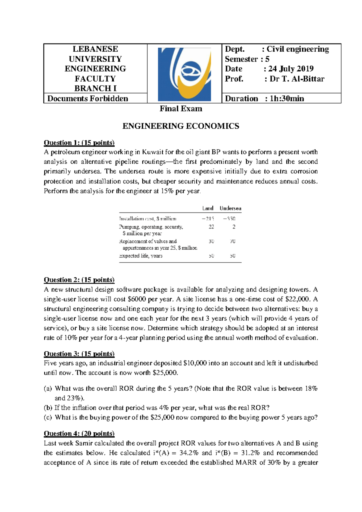 Engineering Economy Final Exam Questions - 2019 (CIVIL 5) - Studocu