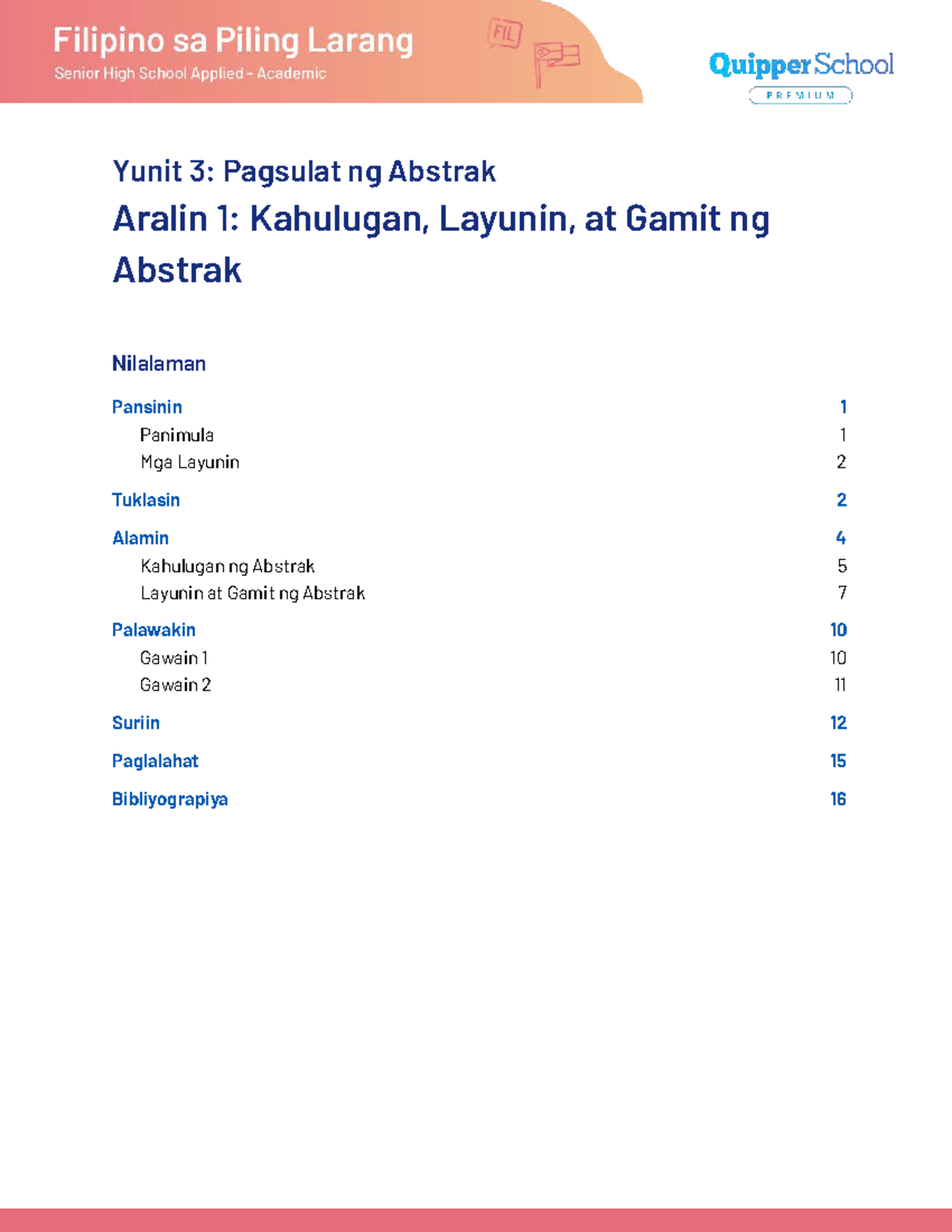 SG FPL 11 12 Q1 0301: Kahulugan, Layunin, at Gamit ng Abstrak - Studocu
