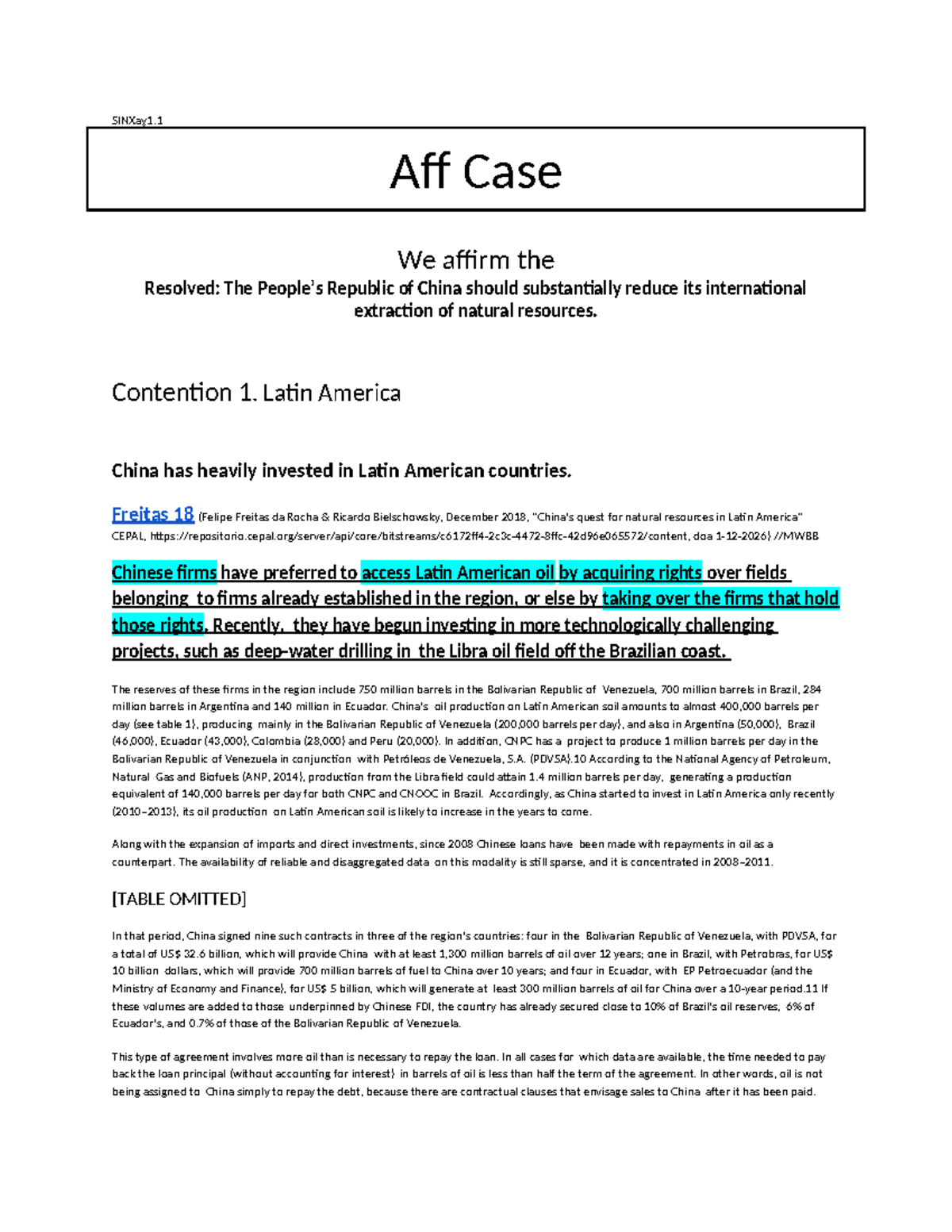 SINOEX 1.1 Aff Case: China's Resource Extraction in Latin America - Studocu