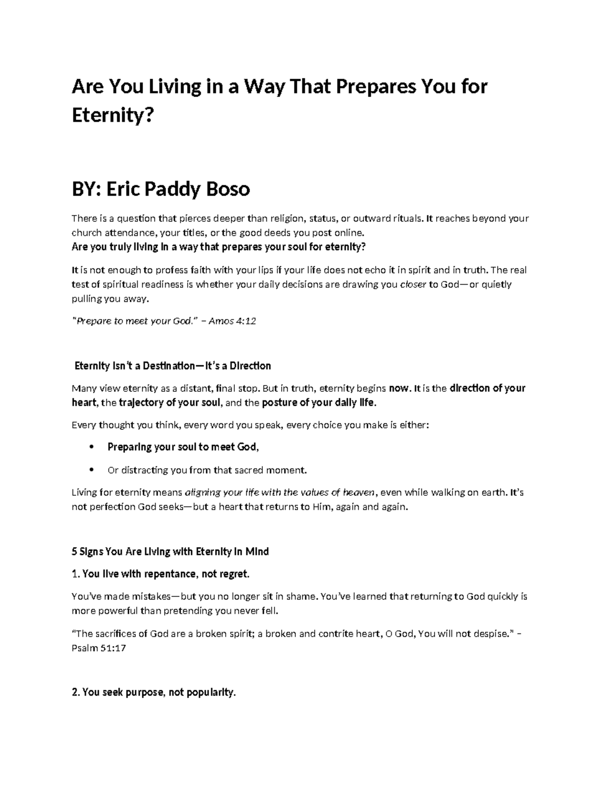 Living for Eternity: Preparing Your Soul for Amos 4:12 - Studocu