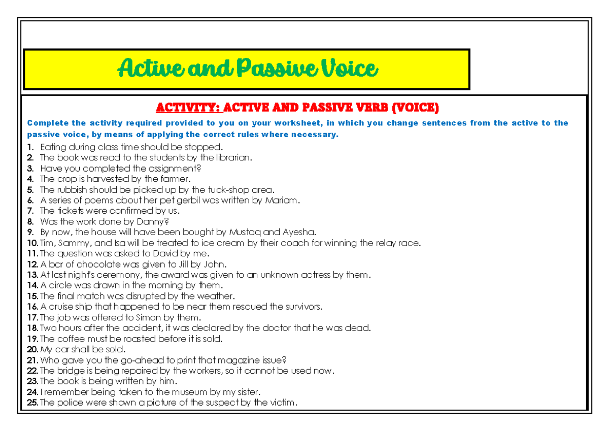 GR 12 - Language - Active and Passive Voice (Worksheet Activities ...