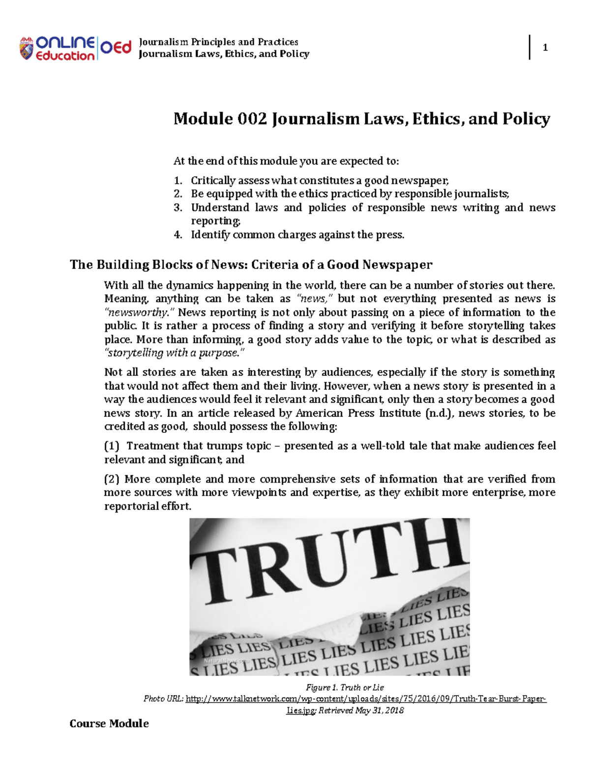 W2 Lesson 2 Journalism Laws Ethics and Policy Module 1 - Journalism ...