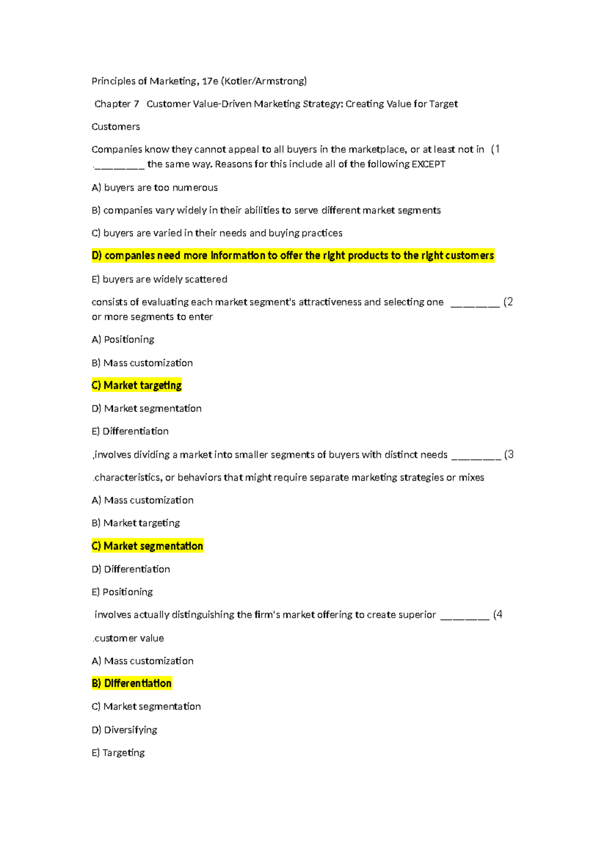 تيست بانك تسويق - B MBO M: استراتيجيات تسويق العملاء - Studocu