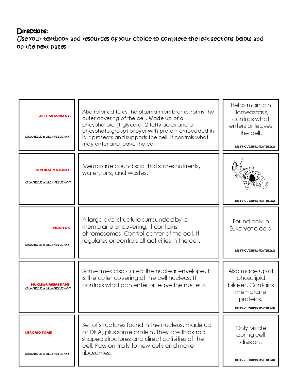 Cell Organelles worksheet 1- answers to first questions - Directions ...