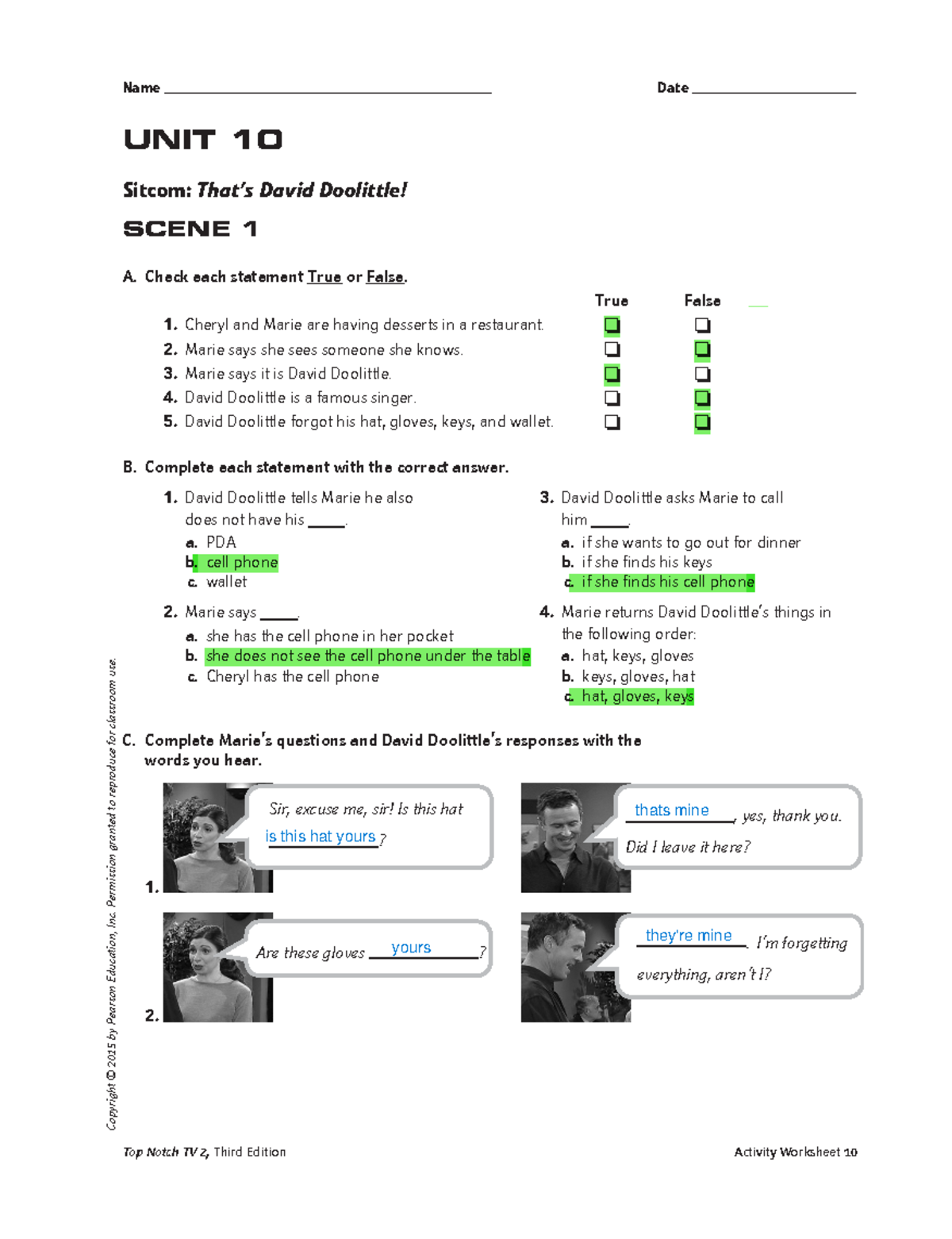 Top Notch TV 2 Unit 10 Activity Worksheets for Scene Analysis - Studocu