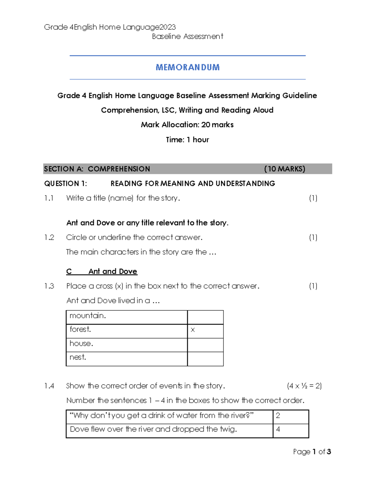 Grade 4 HL Baseline Assessment Marking Guidelines (Comprehension ...