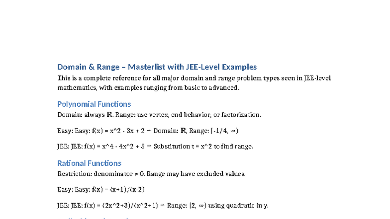 Domain and Range Masterlist with Examples for JEE - Studocu