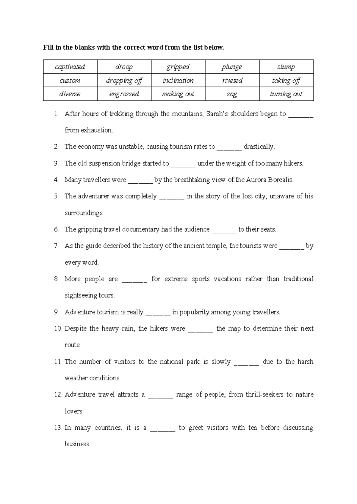 Adventure Travel - Vocabulary Fill-in-the-Blanks Exercise - Studocu