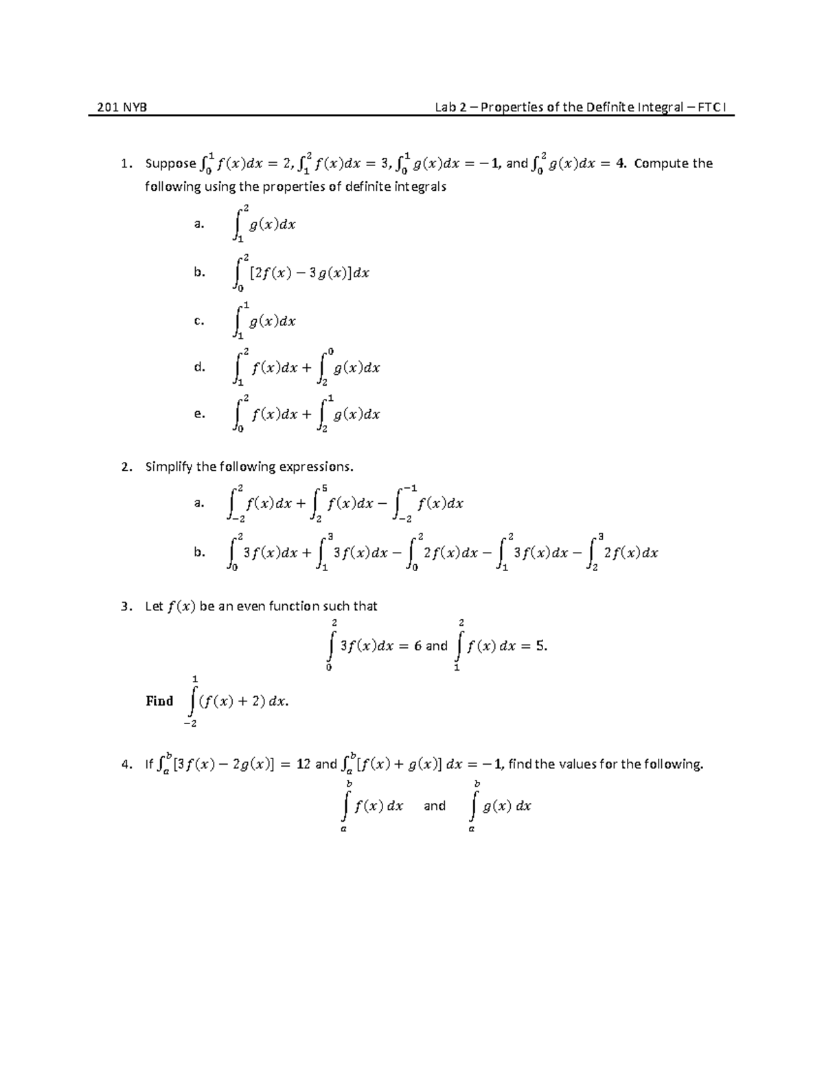 Math 201-NYB Lab 2: Exploring Properties of the Definite Integral - FTC ...