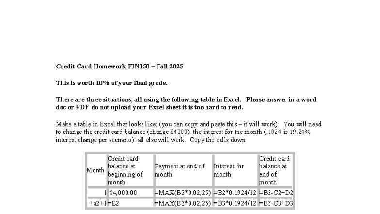 Credit Card Homework Assignment FIN150 - Fall 2025 - Studocu