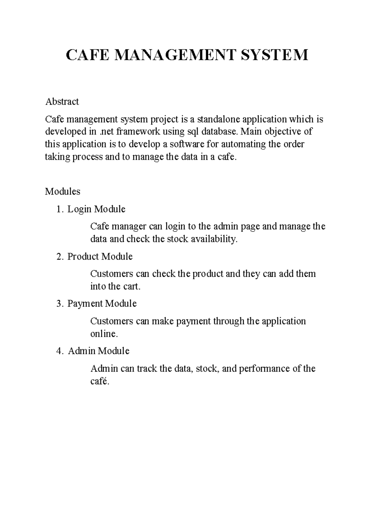 CAFE Management System project report - CAFE MANAGEMENT SYSTEM Abstract ...