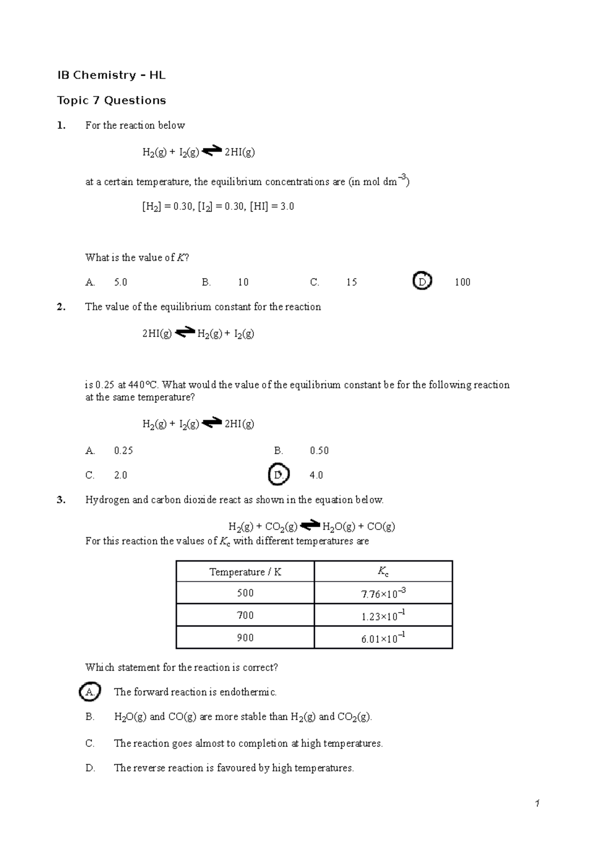 IB Chemistry HL - Equilibrium Questions and Answers for Exam Prep - Studocu