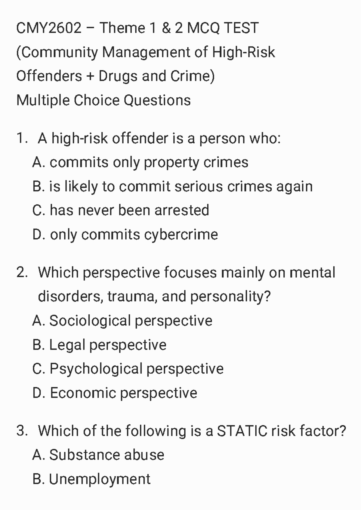 CMY2602 Theme 1 MCQ Test: Community Management of Offenders - Studocu