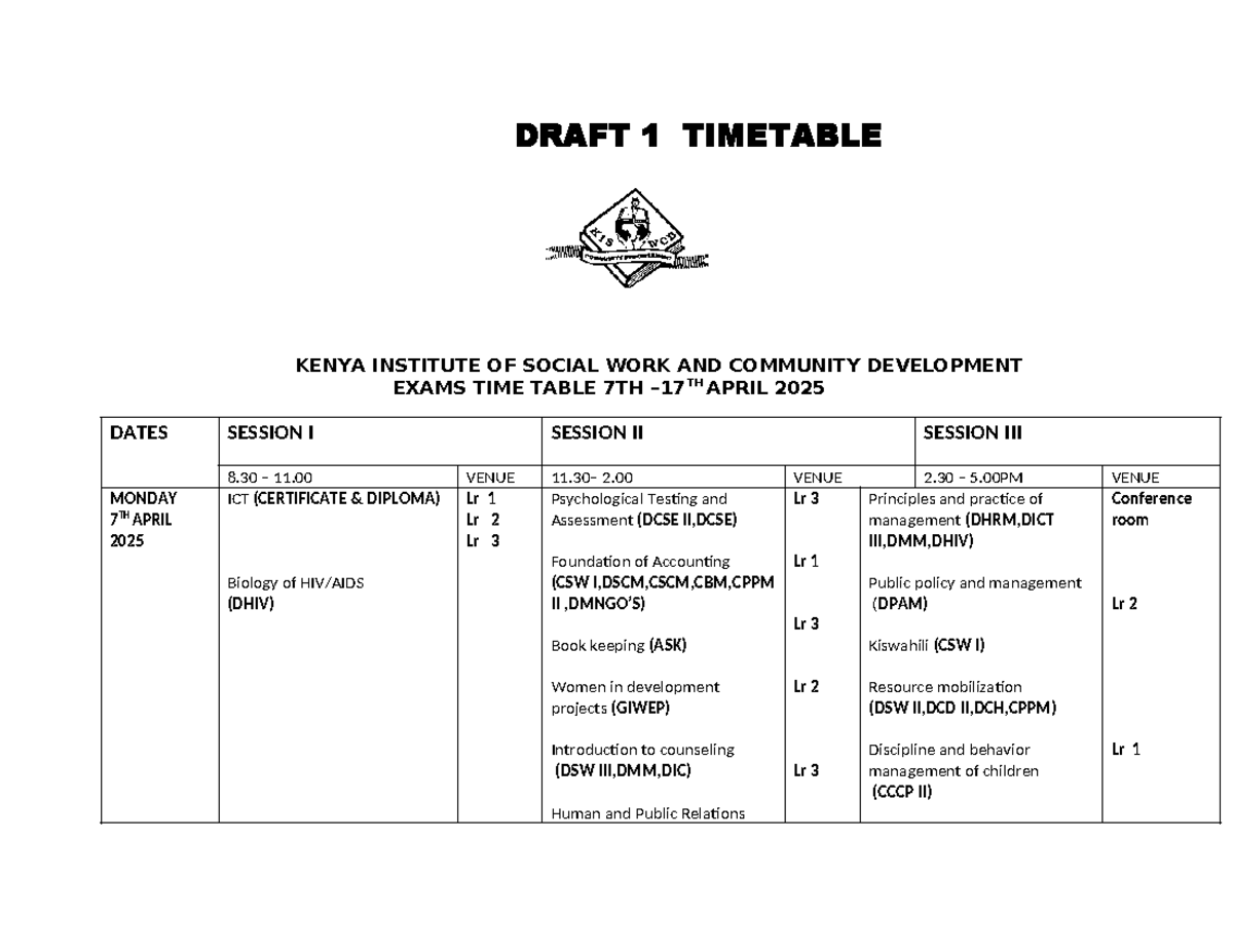Draft 1 Timetable - April 2025 Internal Exams - DRAFT 1 TIMETABLE KENYA ...