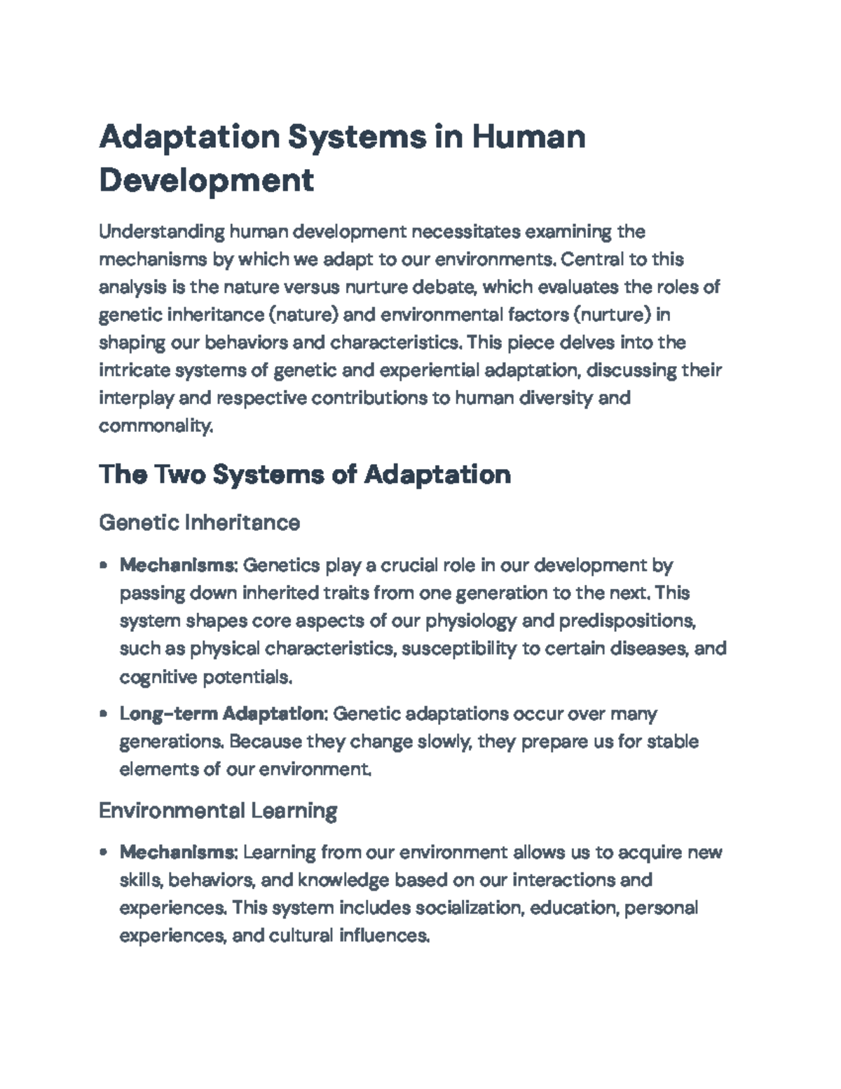 Understanding Adaptation Systems in Human Development: Nature vs ...