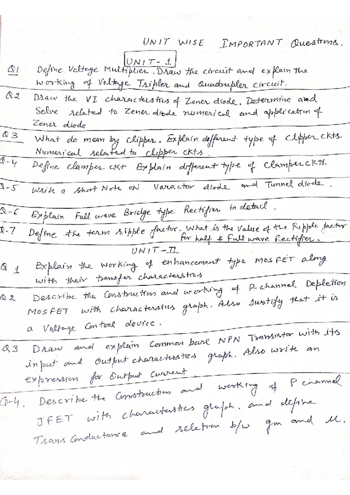 Fundamentals of Electronics Engg: Important Questions for Exam - Studocu
