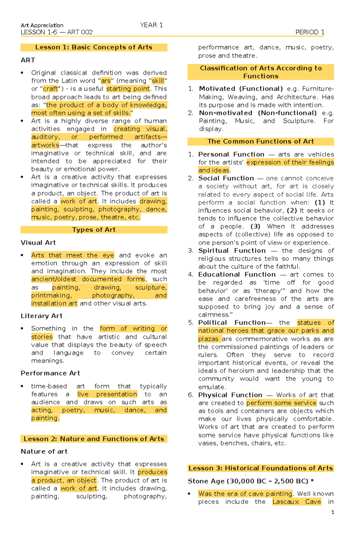 ART 002 Review: Lessons 1-6 Overview for Period 1 - Studocu