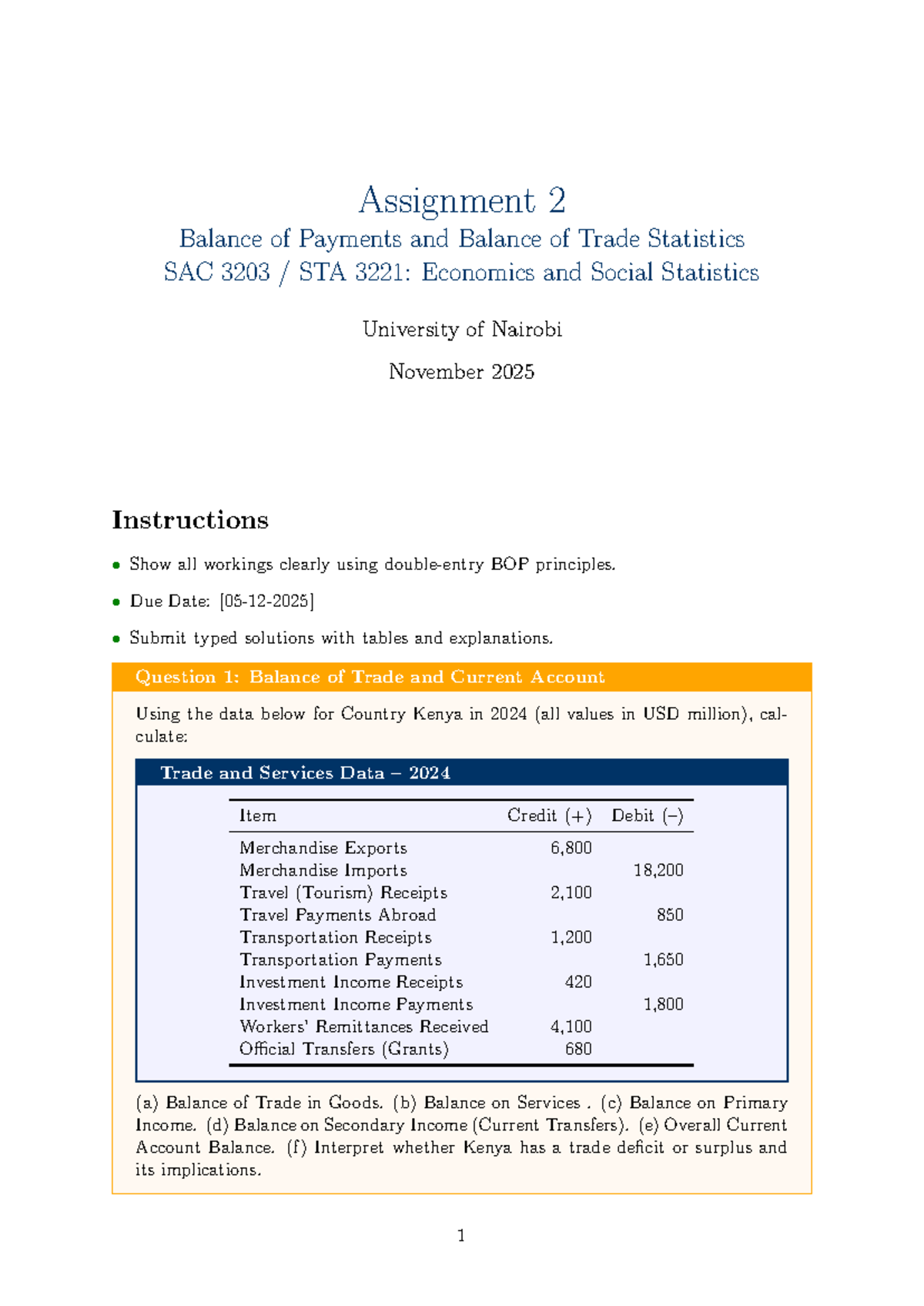 SAC 3203 STA 3221: Assignment 2 on BOP & Trade Stats - Nov 2025 - Studocu