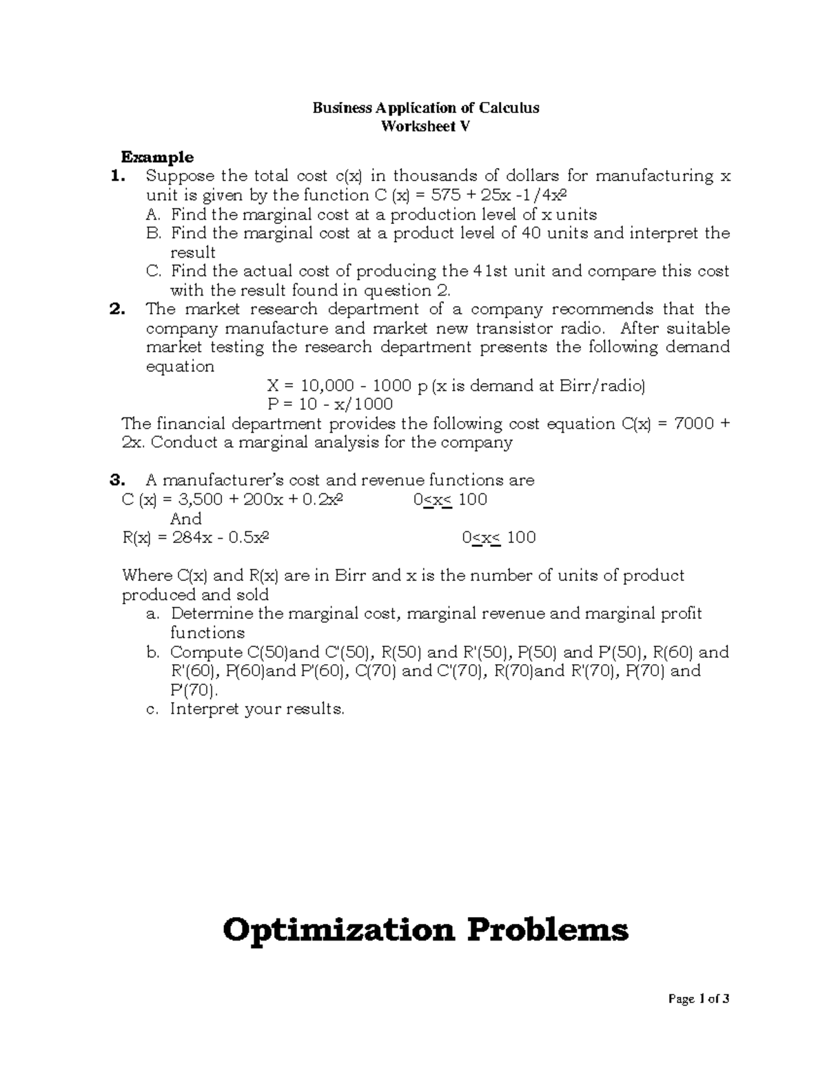 Business Application of Calculus Worksheet V: Marginal Analysis & Optimization - Studocu