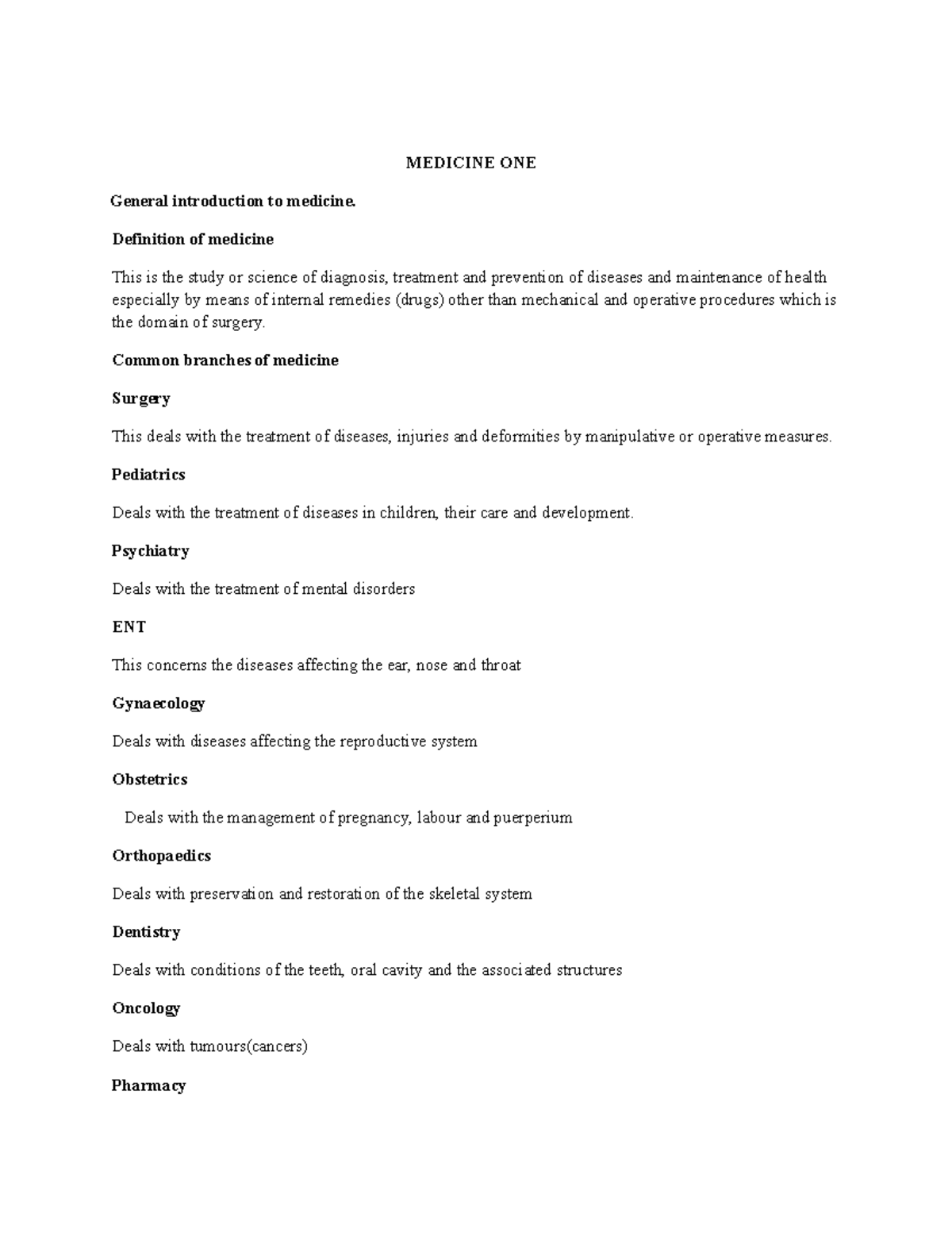 MEDICINE ONE General Introduction to Medicine: Key Concepts and ...