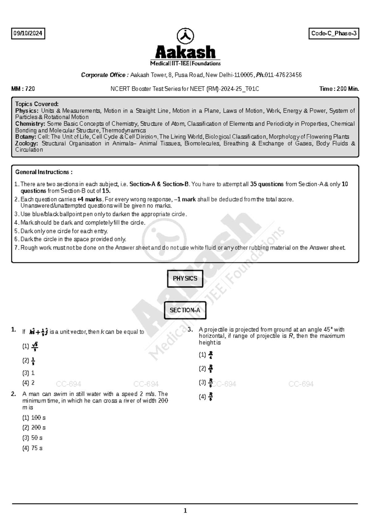 NCERT Booster Test Series for NEET: CC-694 NBTS-T01C RM(P3) 2024 - Studocu