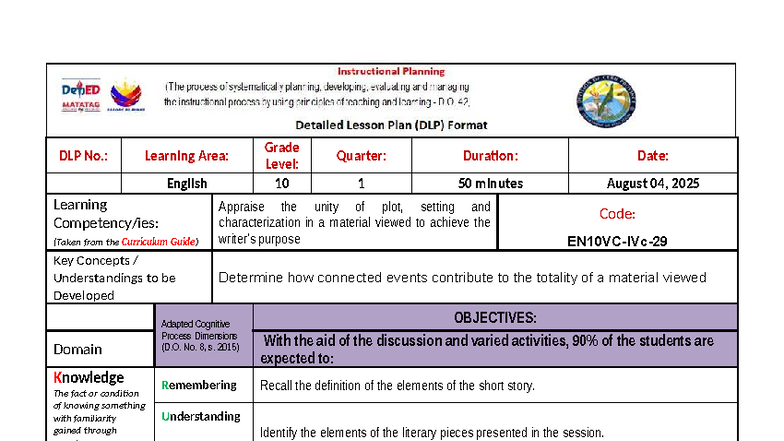 DLP: Detailed Lesson Plan on Unity of Plot, Setting & Characterization ...