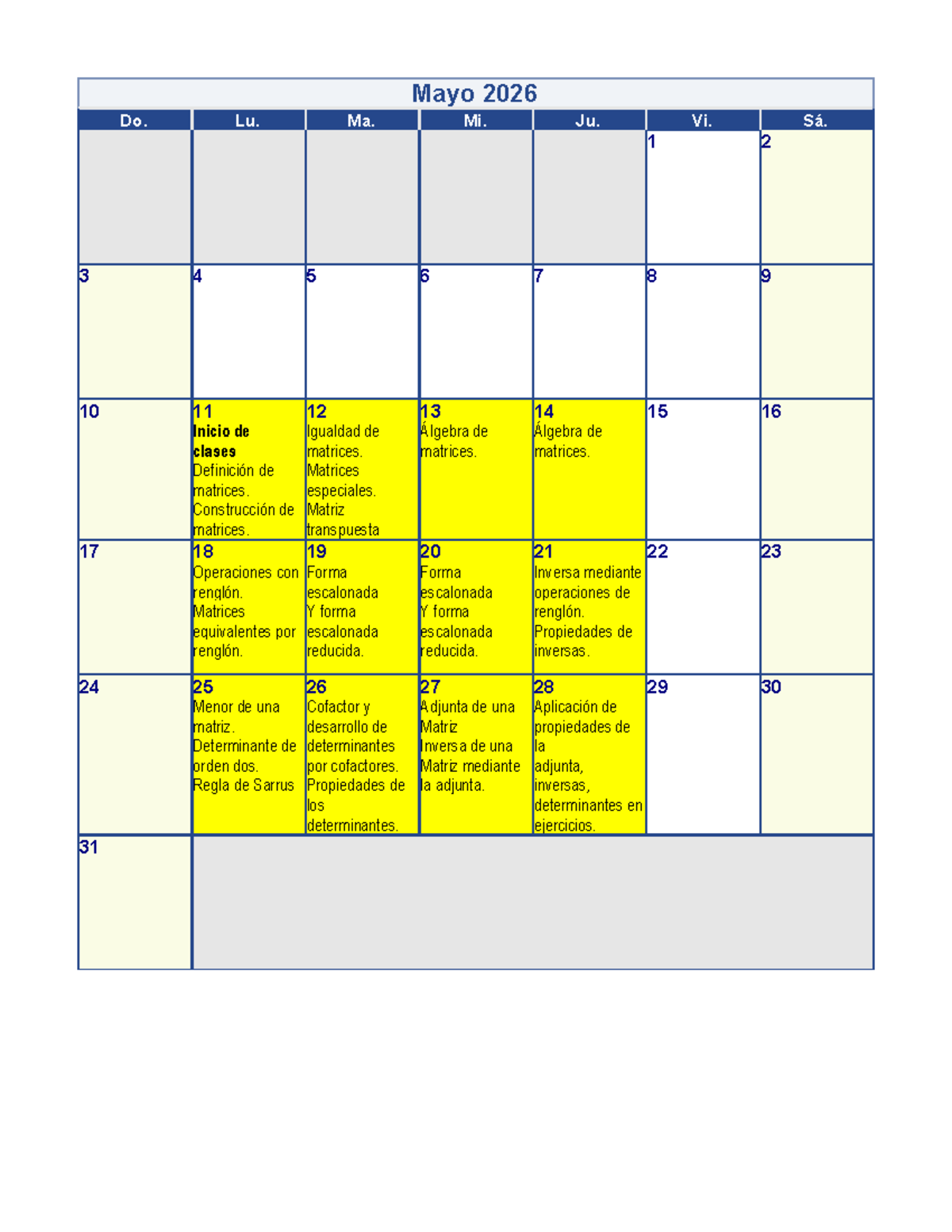Calendario Diario II PAC-2026: Clases y Exámenes de Matrices y Vectores ...
