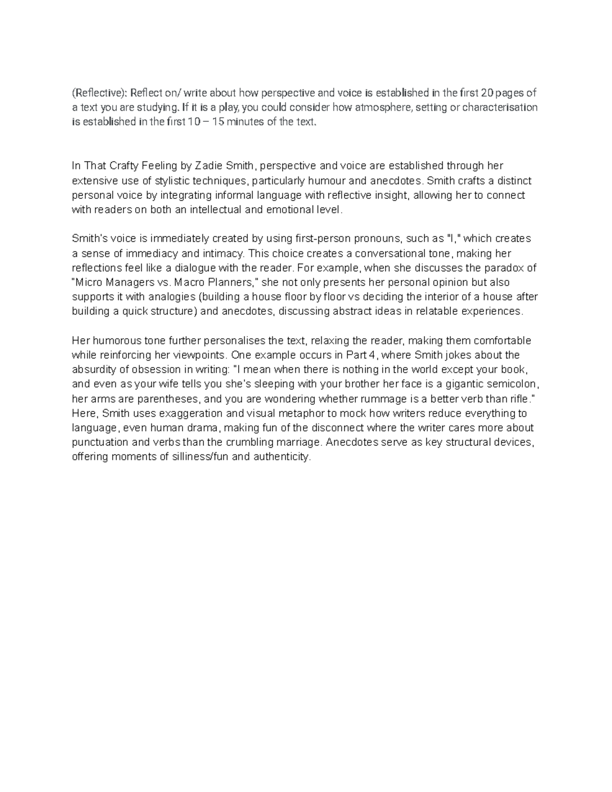 ENG 101: Reflective Essay on Perspective & Voice in Zadie Smith's Work ...