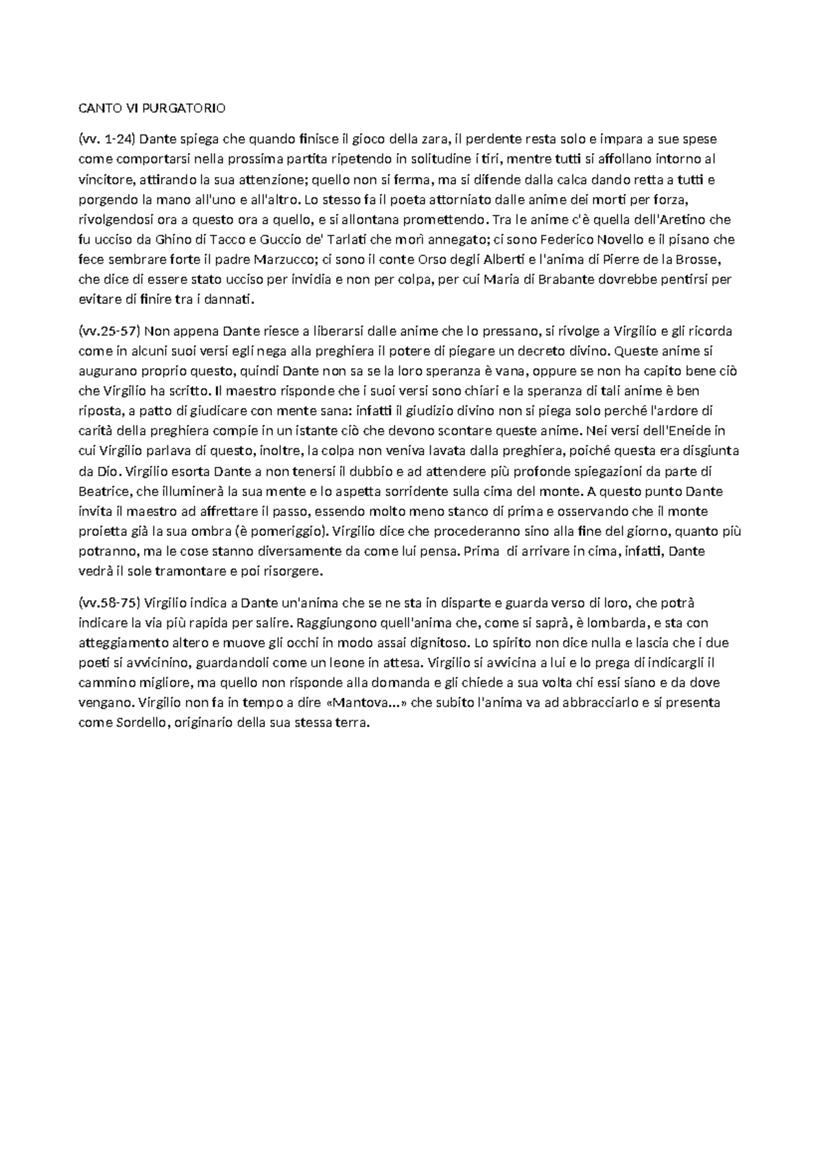 Canto VI Purgatorio: Analisi e Riflessioni su Dante e le Anime - Studocu