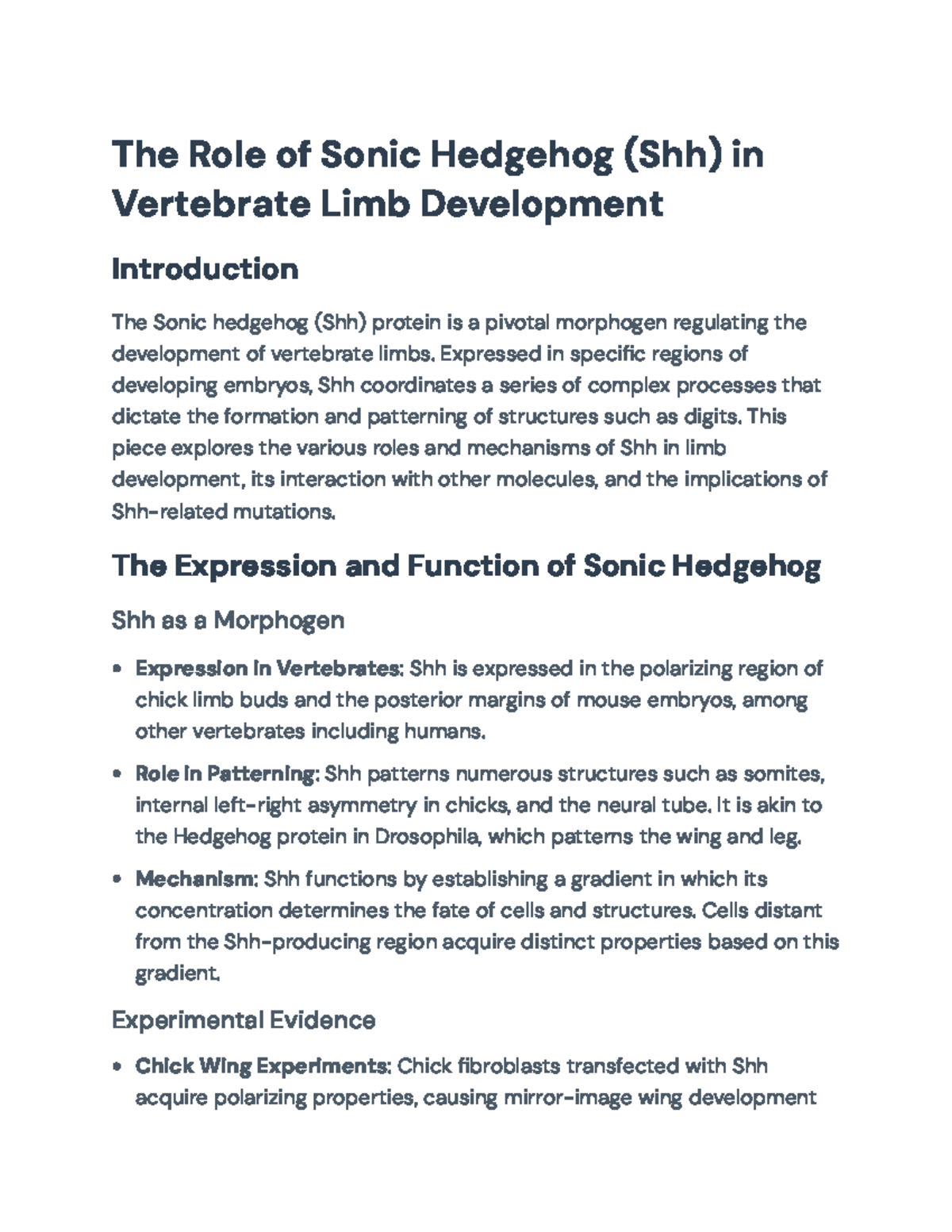 The Role of Sonic Hedgehog (Shh) in Vertebrate Limb Development - The ...