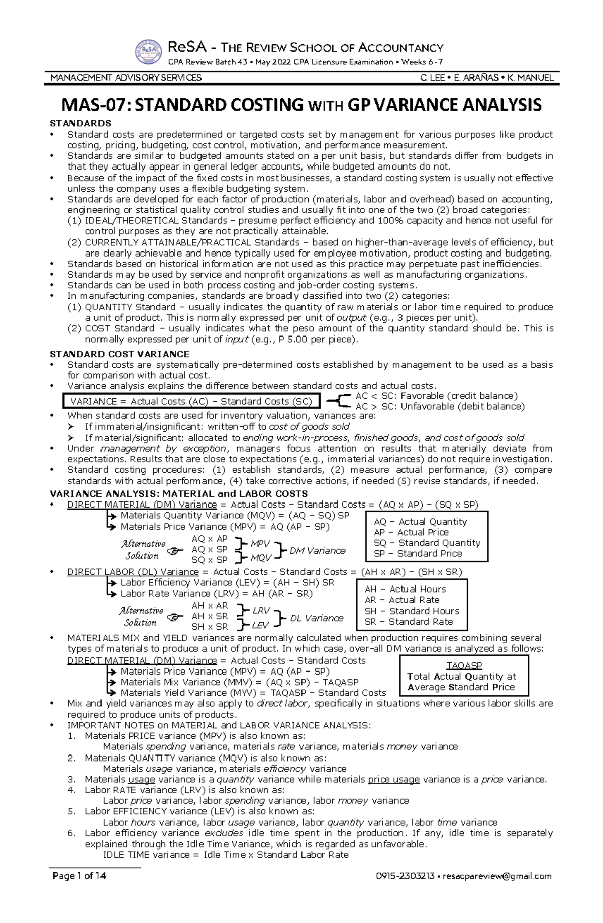 Standard Costing & GP Variance Analysis for MAS-07 (Weeks 6-7) - Studocu