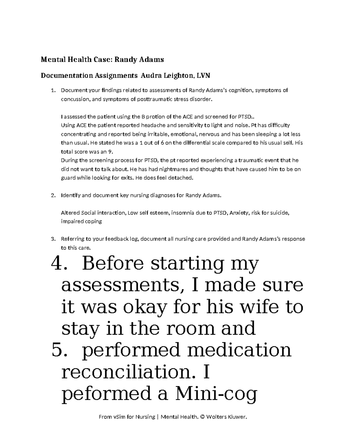 Mental Health Case Study: Randy Adams - Assessment & Nursing Care (AL ...