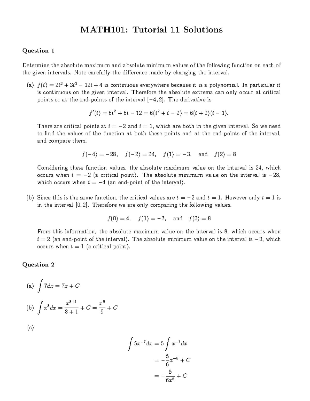 MATH101: Solutions for Tutorial 11 - Absolute Extrema & Integrals - Studocu