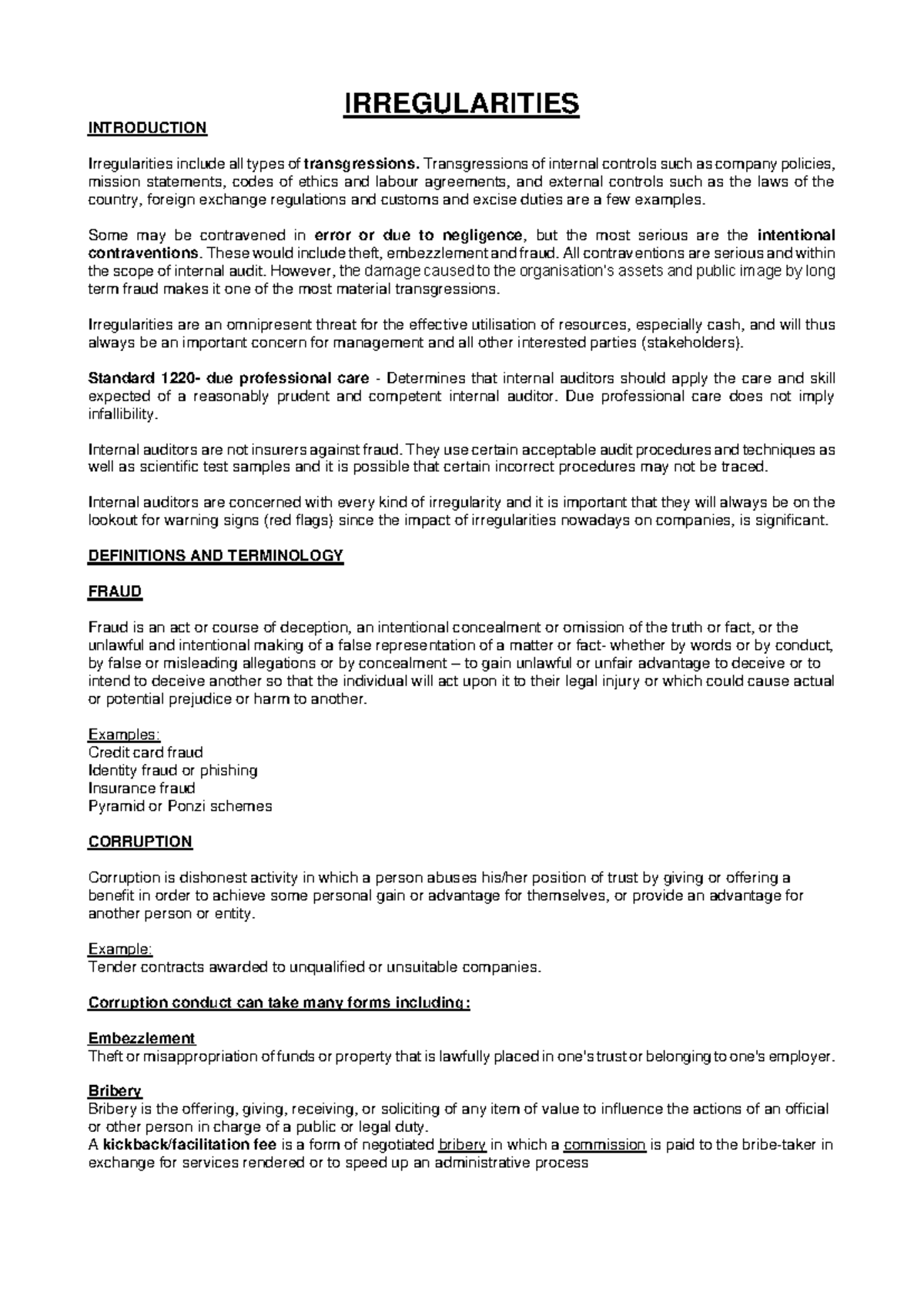 Irregularities in Auditing - Lecture Notes 1 - Studocu