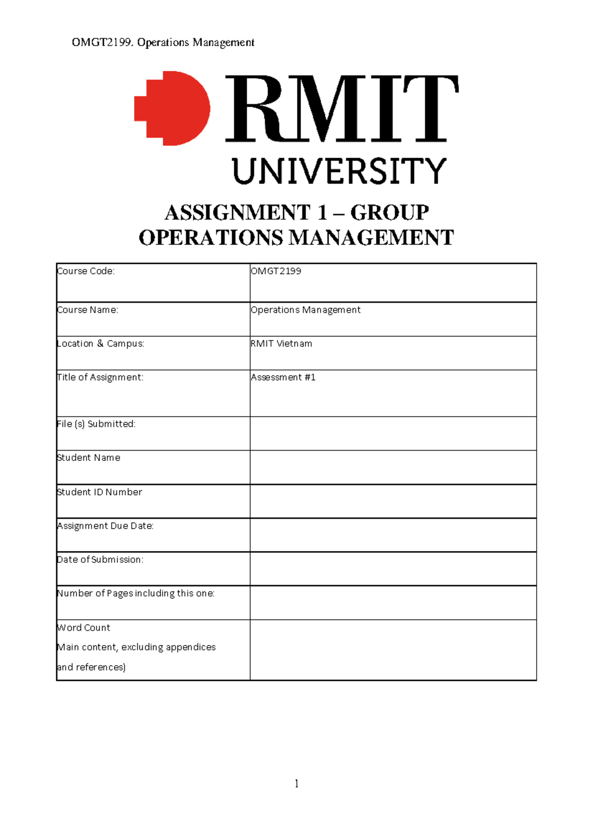 (Sample HD) Assignment-1 Group Operations Management OMGT2199 RMIT ...