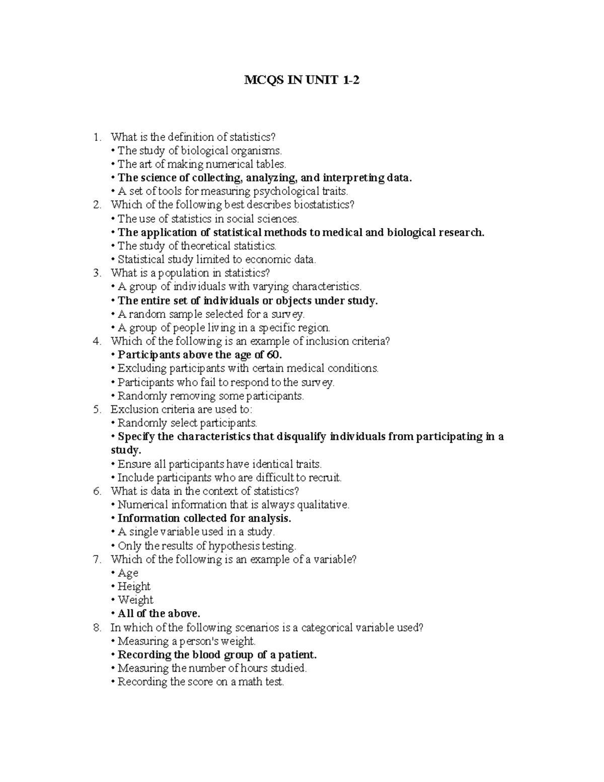 Biostate MCQs for Concepts on Statistics and Sampling (Course Code ...