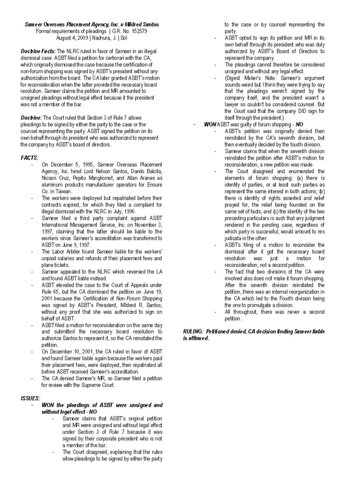 Sameer Overseas Placement Agency, Inc. v Mildred Santos - Case Digest ...