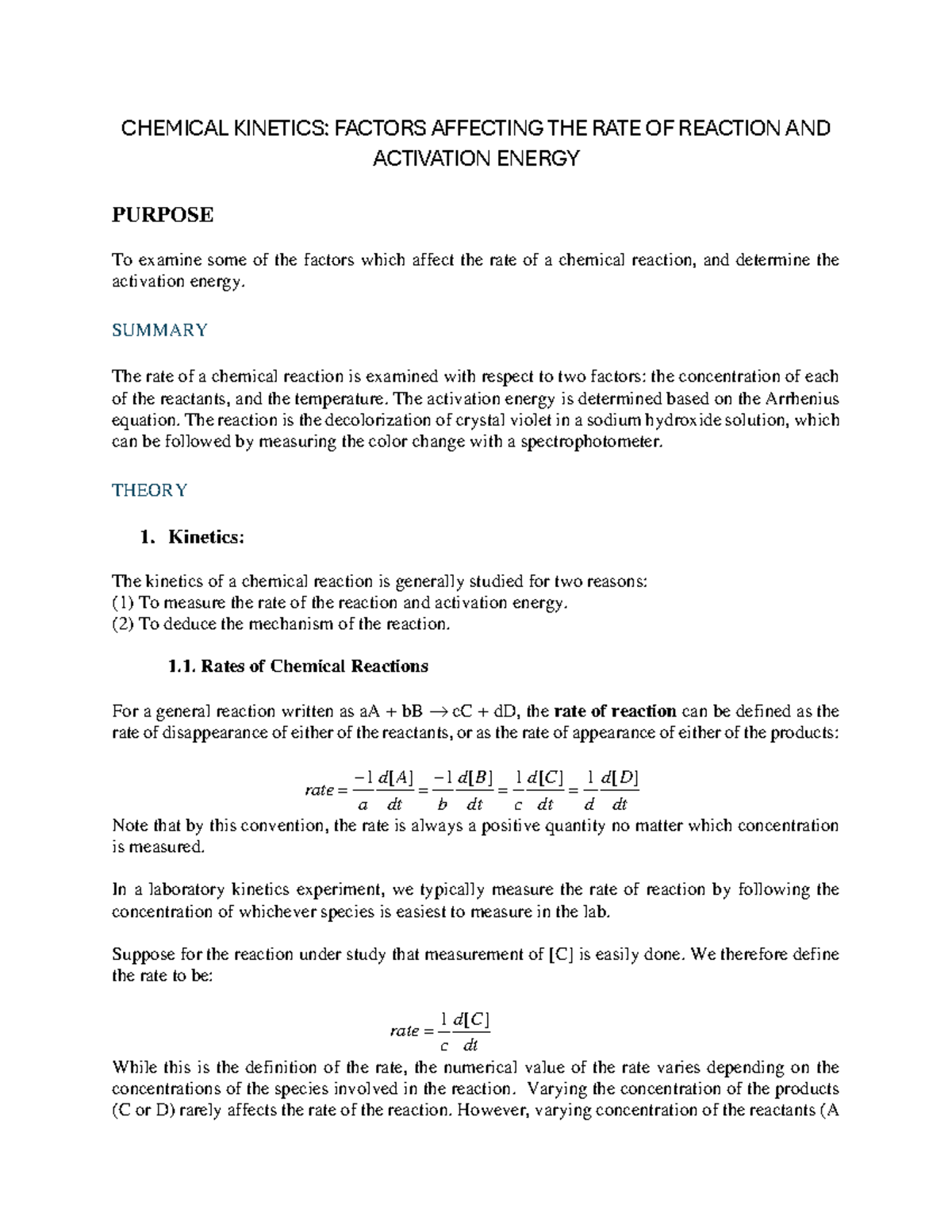 Lab Manual - CHEM 101: Kinetics of Crystal Violet Reaction - Studocu
