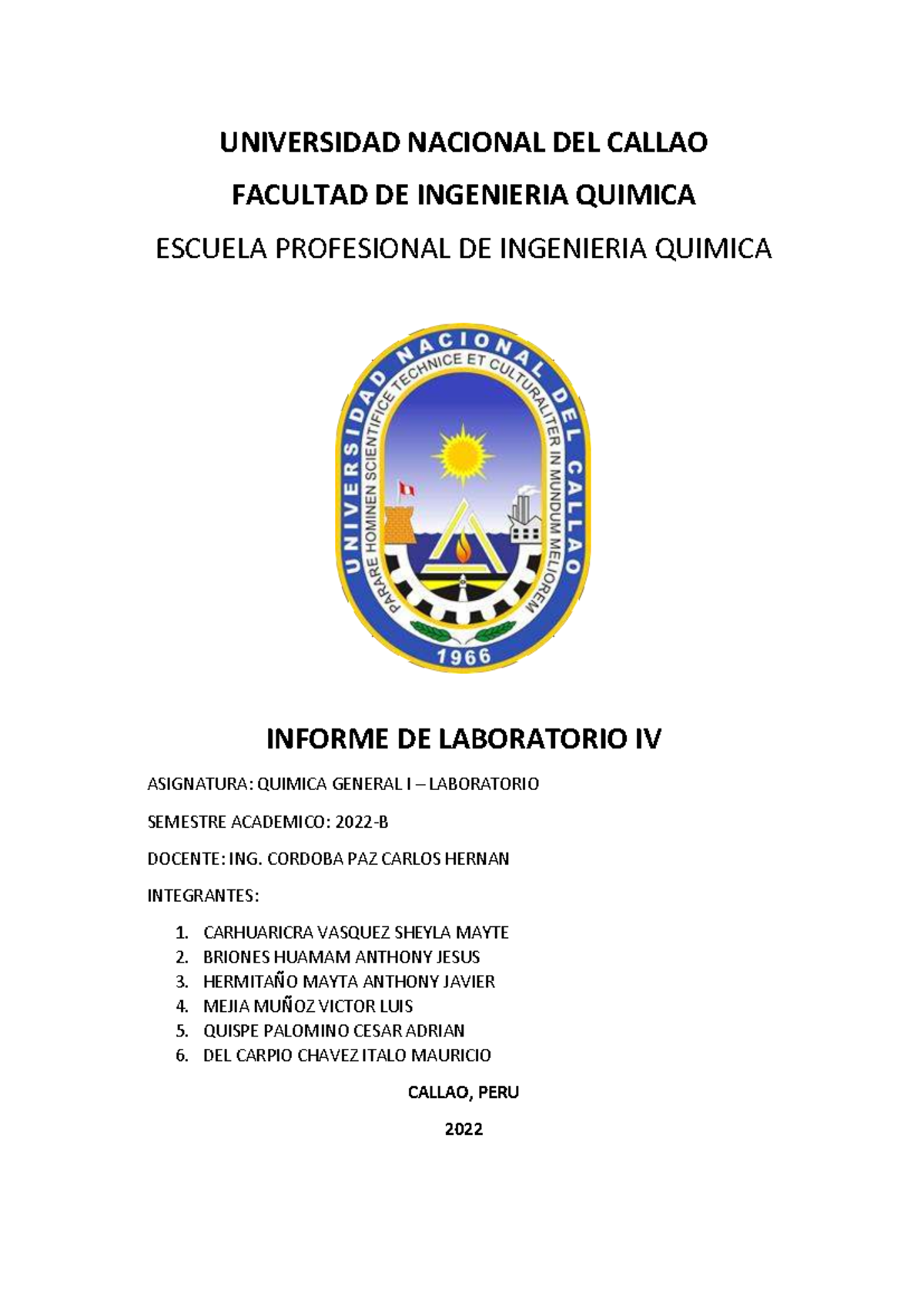 Informe de Laboratorio IV - Química General I - UNAC - Studocu