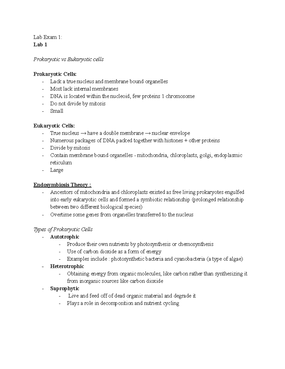 Biology 100 LAB Exam 1 Ch 1-5 notes - Lab Exam 1: Lab 1 Prokaryotic vs ...